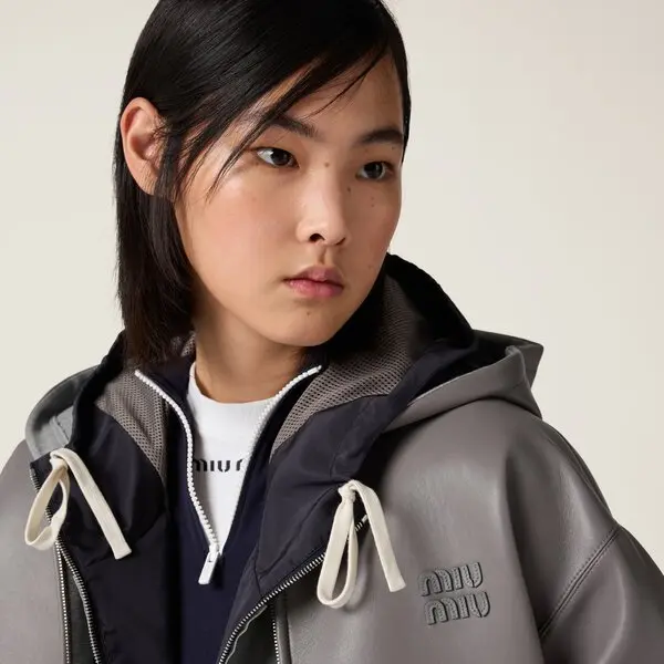 Miu Miu Nappa Leather And Bonded Jersey Hoodie Jacket - Marble